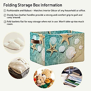 Storage Basket Sea Beach Starfish Seashell Rectangle Foldable with Leather Handle Nursery Storage Bins Boxes Cube Organizer for Children Toys Books Clothes Home Bedroom
