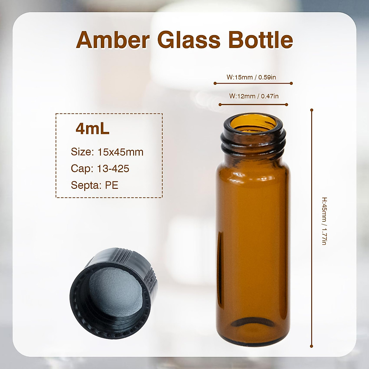 ALWSCI 1 Dram Amber Glass Vials, Small Liquid Sample Vial, 15X45mm 4 ml Borosilicate Glass Empty Vials with Caps, 13-425 Black Screw Caps with PE Liner, Pack of 20