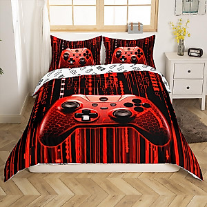 Gaming Gamepad Kids Duvet Cover Set Full Size,Neon Light Geometric Honeycomb Hexagon Bedding Set,Boys Girls Room Decor,Modern Videogames Controller Comforter Cover,Red Quilt Cover,2 Pillowcases