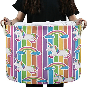 visesunny Storage Basket Unicorn Rainbow Stripe Nursery Hamper Basket Clothes Toy Storage Organizer Bin Box Collapsible Laundry Bag for Kid Room,Playroom,Bathroom,Living Room,Dorm