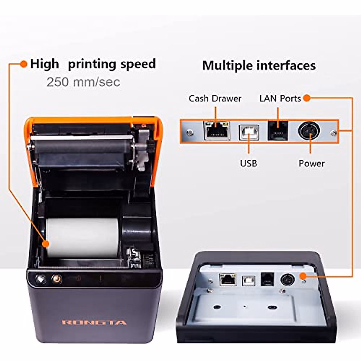 Rongta Thermal Receipt Printer, Pos Printer, 80mm Restaurant Kitchen Printer with Auto Cutter,Sound Alarm,Support Cash Drawer ESC/POS,USB+Ethernet Interface for Windows/Mac/Linux(ACE H1)