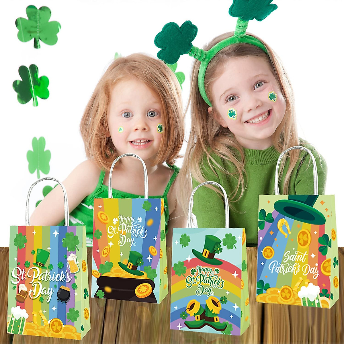 sorkwo 12 Pack St. Patrick's Day Gift Bags with Handle, Shamrock Theme Party Gift Bag Irish Clover Holiday Gift Bags for St. Patrick's Day Party Favors Supplies (St. Patrick's Day Gift Bags)