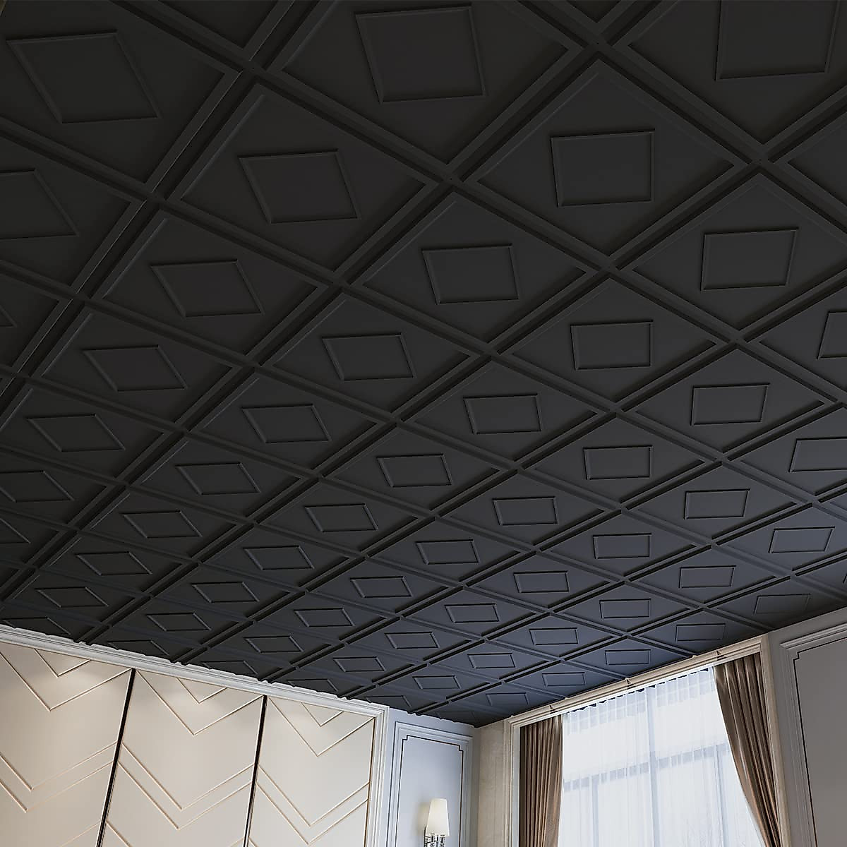 Art3d Decorative Drop Ceiling Tiles 2x2, Glue up Ceiling Panel Square in Black, Pack 12 Tiles
