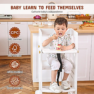 Rendpas Toddler Kitchen Stool Helper with Meal Tray & Safty Rail, Adjustable Height Kids Kitchen Step Stool, Toddler Standing Tower Convertible Meal Chair, Wooden Toddler Counter (White)