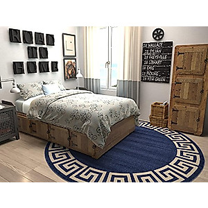 Unique Loom Athens Collection Classic Geometric Modern Border Design Area Rug, Round 8' 0" x 8' 0", Navy Blue/Beige