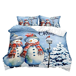 LUVIVIHOME 3PCS Snowman Duvet Cover King Bedding, Christmas Bedding, Light Blue Bedding, Boys Girls Kids Bedding, Holiday New Year Xmas Gifts Christmas Comforter Bedspread Quilt Cover, 2 Pillow Cases