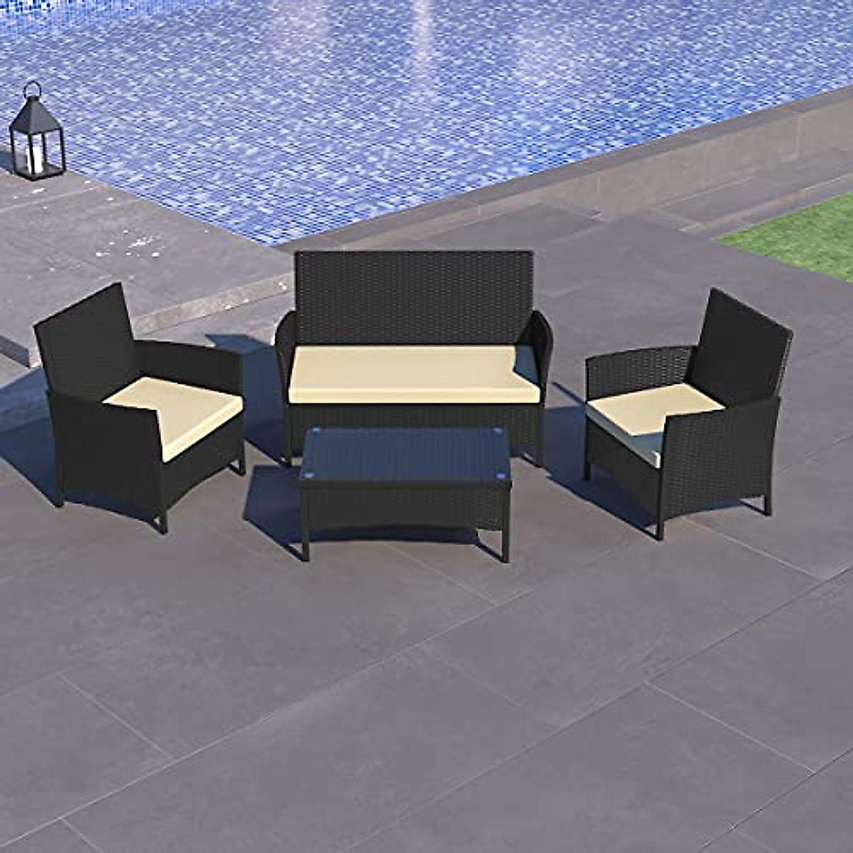 IDS Online MLM-17240 1 Loveseat 2 Single Chairs Cushion, Leisure Glass Top Coffee Table for Garden Lawn Poolside Backyard 4 Piece Rattan Pattio Outdoor Furniture Wicker Conversation Set, Black-White