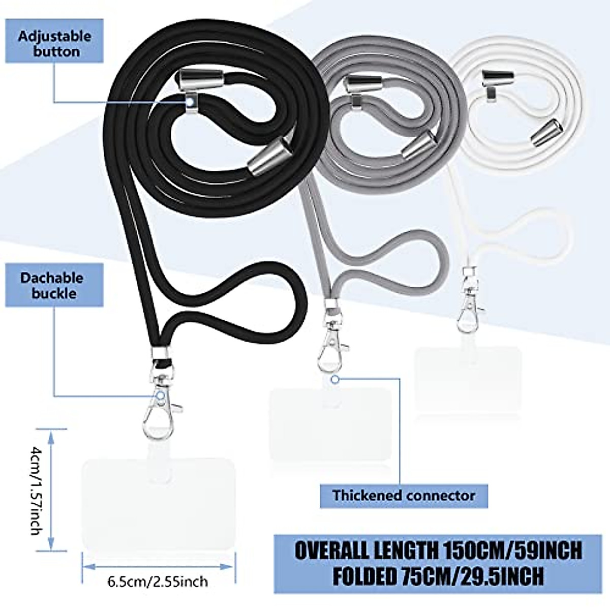 3 Pcs Universal Nylon Phone Lanyard, Smartphone Strap Cell Phone Lanyard Mobile Phone Lanyards with Adjustable Neck Strap, Detachable Clear Pad for Women and Men Most Smartphones, White+Grey+Black