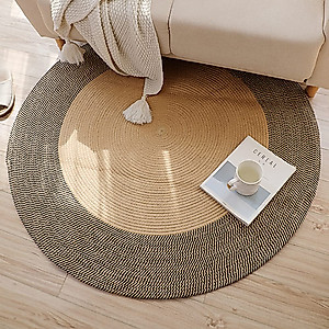 Poowe Hand Woven Round Area Rugs Living Room Bedroom Study Computer Chair Cushion Base Mat Round Carpet Lifts Basket Swivel Chair Pad Coffee Table Rug(2.6' Round)