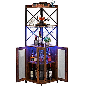 JKsmart Corner Bar Cabinet with LED Lights, 5-Tier Industrial Wine Bar Cabinet with Glass Holder, Farmhouse Liquor Cabinet with Shelf and Door, Home Bar for Coffee Bar Cabinet, Rustic Brown