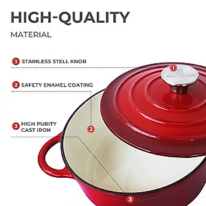 Trustmade 3 QT Cast Iron Dutch Oven, Enamel Coated Cookware Pot with Self Basting Lid for Home Baking, Braiser, Cooking, Red