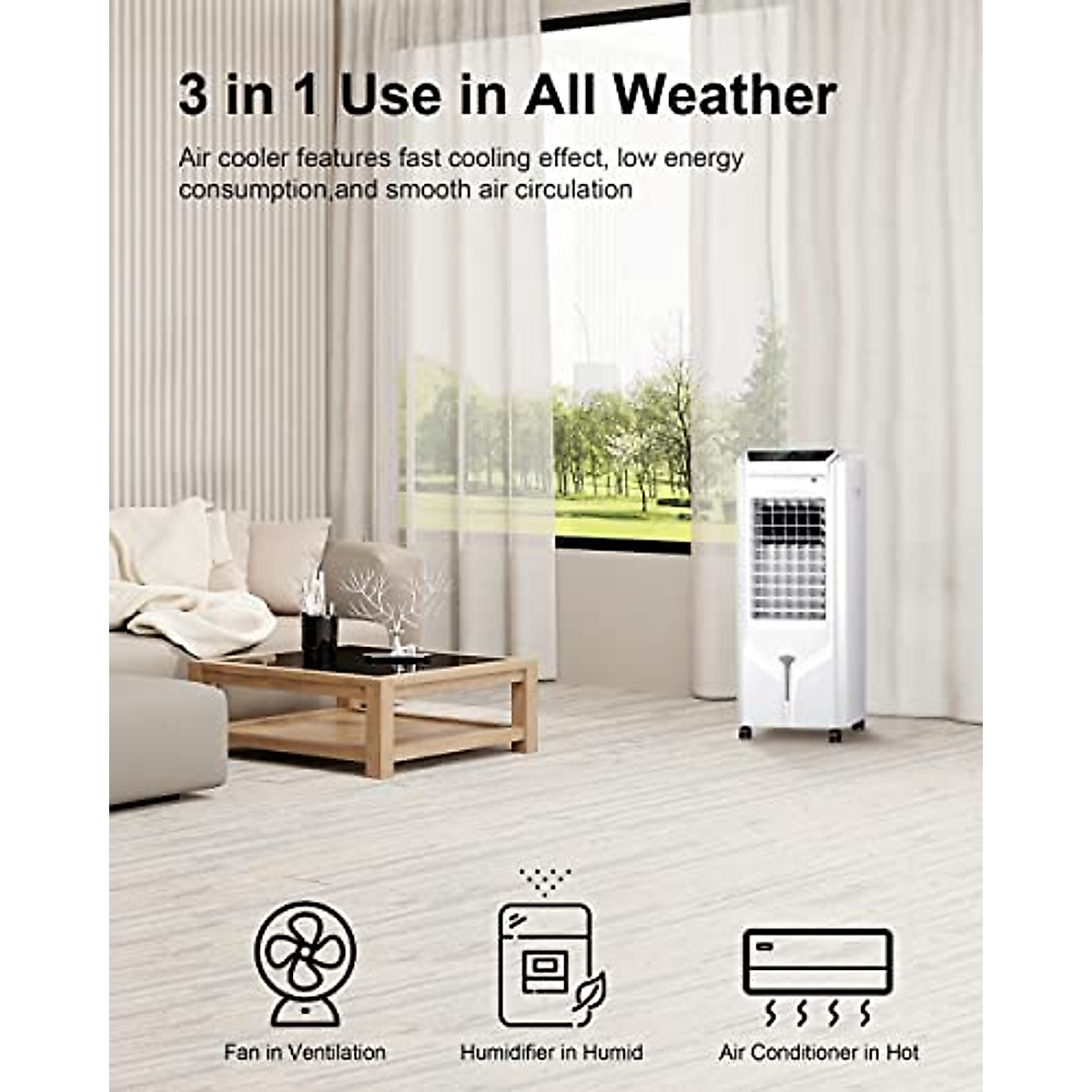 Uthfy Evaporative Air Cooler, 32" Swamp Cooler with 4.2 Gallons Water Tank, Remote Control, 90° Oscillation Cooling Fan with 3 Speeds, 12H Timer, 3 In 1 Tower Fan thats Blow Cold Air for Home, Office