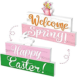 Marsui 4 Pcs Easter and Spring Decorations Reversible Happy Easter Bunny Wood Sign Watering Can Spring Home Decor Easter Wooden Block Table Decorations for Home Easter Tiered Tray Kitchen Decor