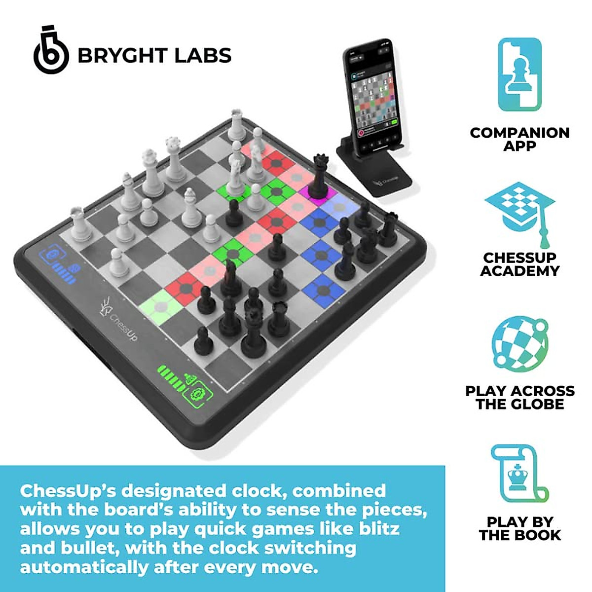 Bryght Labs - ChessUp - Electronic Chess Board - Built-In Chess Engine and Instructor - With Chess Set TouchSense Pieces - Features Wireless Play and Companion App