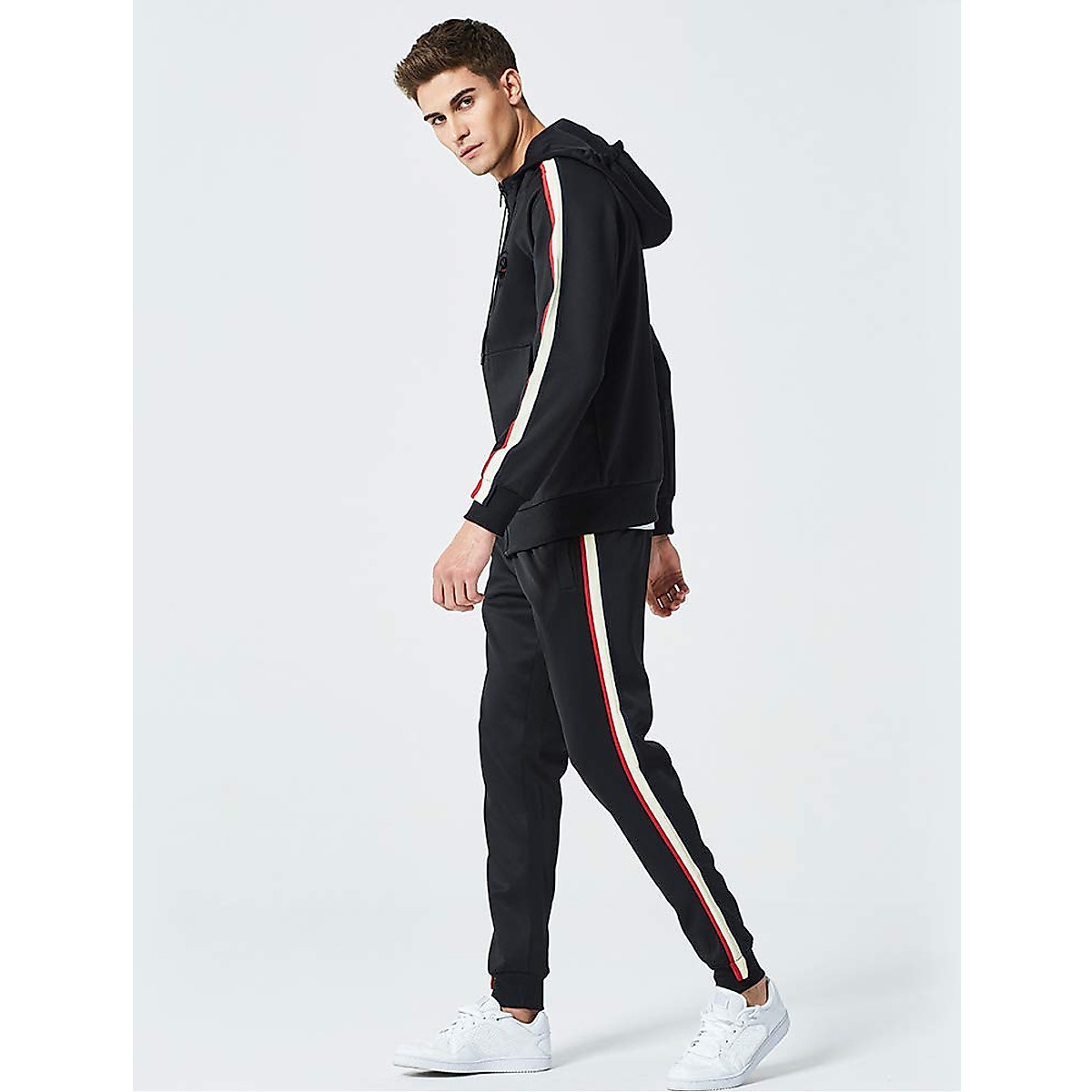 PASOK Men's Casual Tracksuit Set Long Sleeve Full-Zip Running Jogging Athletic Sweat Suits (L, Style 2 Black)