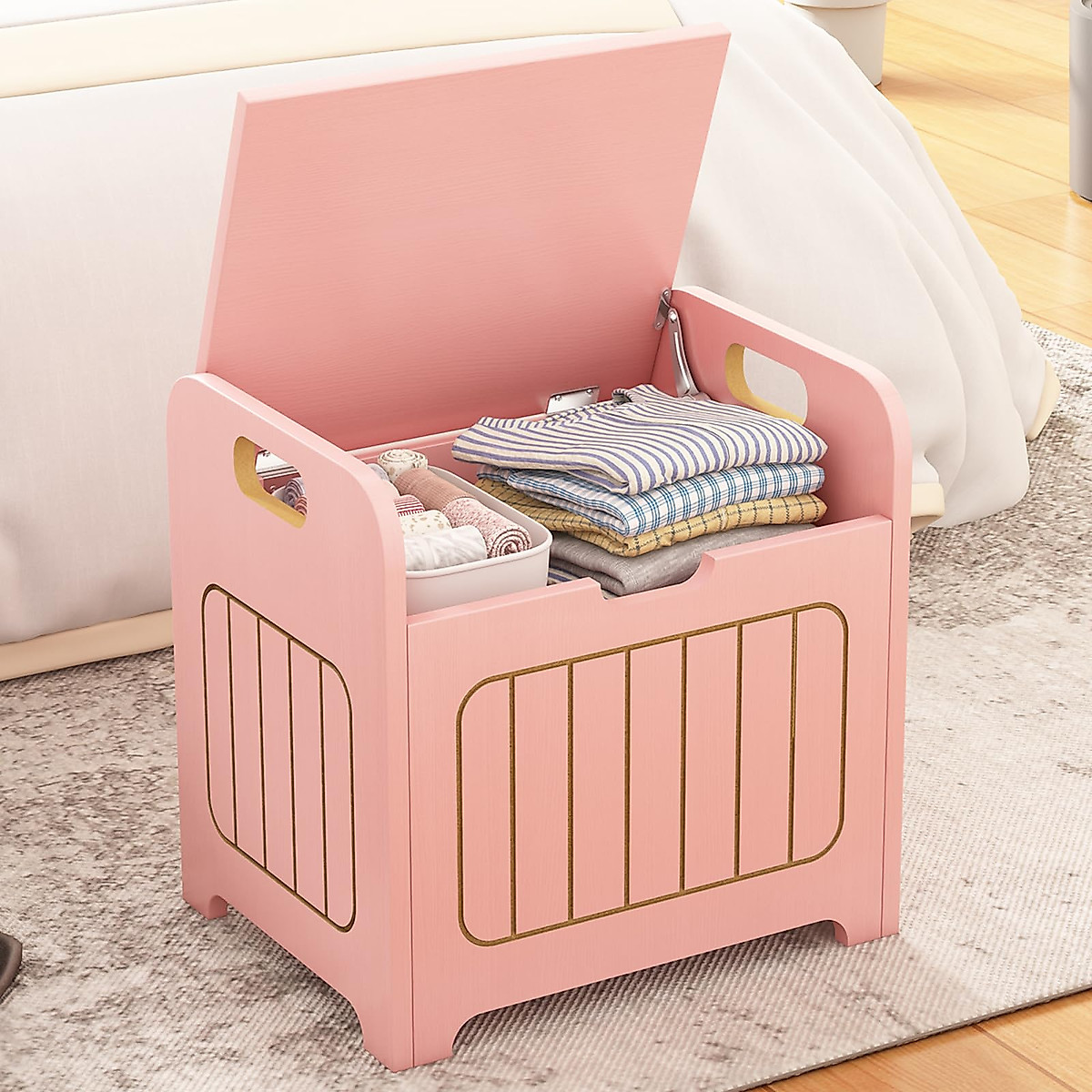 Aenuert Kids Storage Chests & Trunks Pink Toy Storage Chests, Small Cube Storage Box Organizer,Wooden Storage Bin With Handle For Store Toy Books Clothes,Small Square Nightstand For Entryway,Bedroom