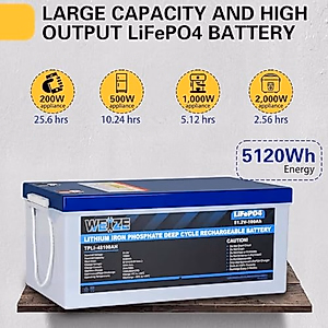 WEIZE 48V 100Ah LiFePO4 Lithium Battery, Built-in 100A Smart BMS, Up to 8000 Deep Cycles, Perfect for RV, Solar System, Marine, and Off Grid Applications