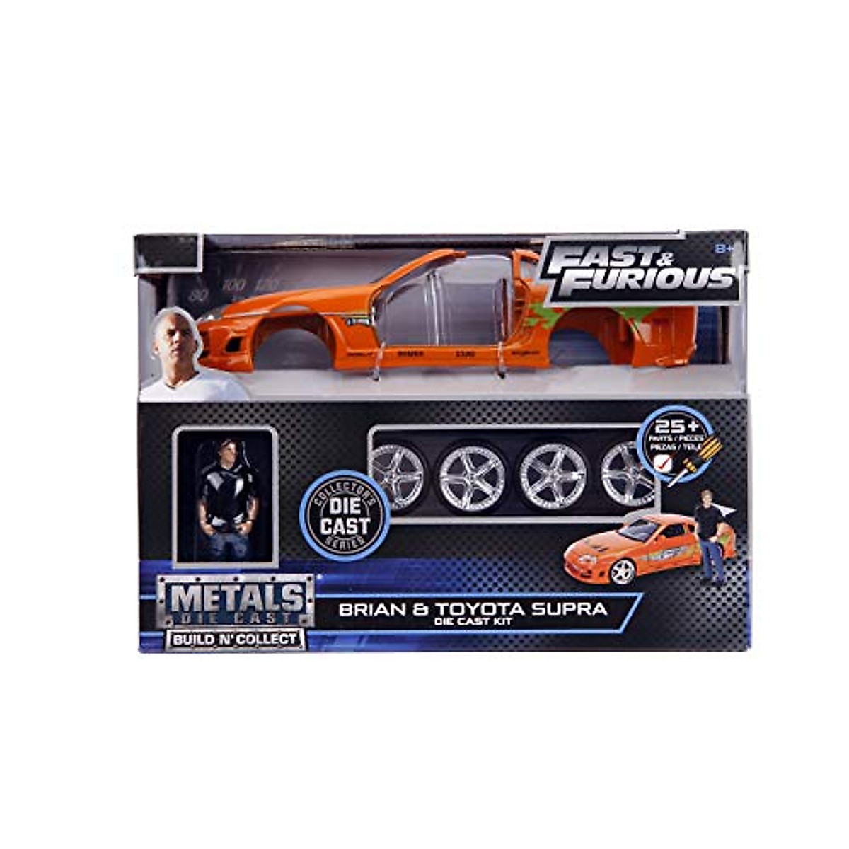 Jada Toys Fast & Furious Brian & Toyota Supra, 1:24 Scale Build n' Collect Die-Cast Model Kit with 2.75" Die-Cast Figure , Orange