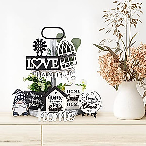 21 Pcs Farmhouse 2 Tiered Tray Wood Tiered Serving Tray Stand with Wooden Decorative Signs and LED Light Rustic Black and White Tiered Tray Decor Home Sweet Home Kitchen Decor for Shelf Table Display