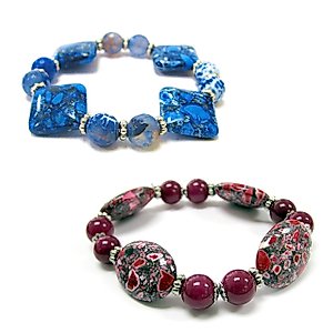 Linpeng Women Stretch Bracelet/Length 7.5" Stone Bead Size Around 1" / Red & Blue / 2 Pcs Set Pouch