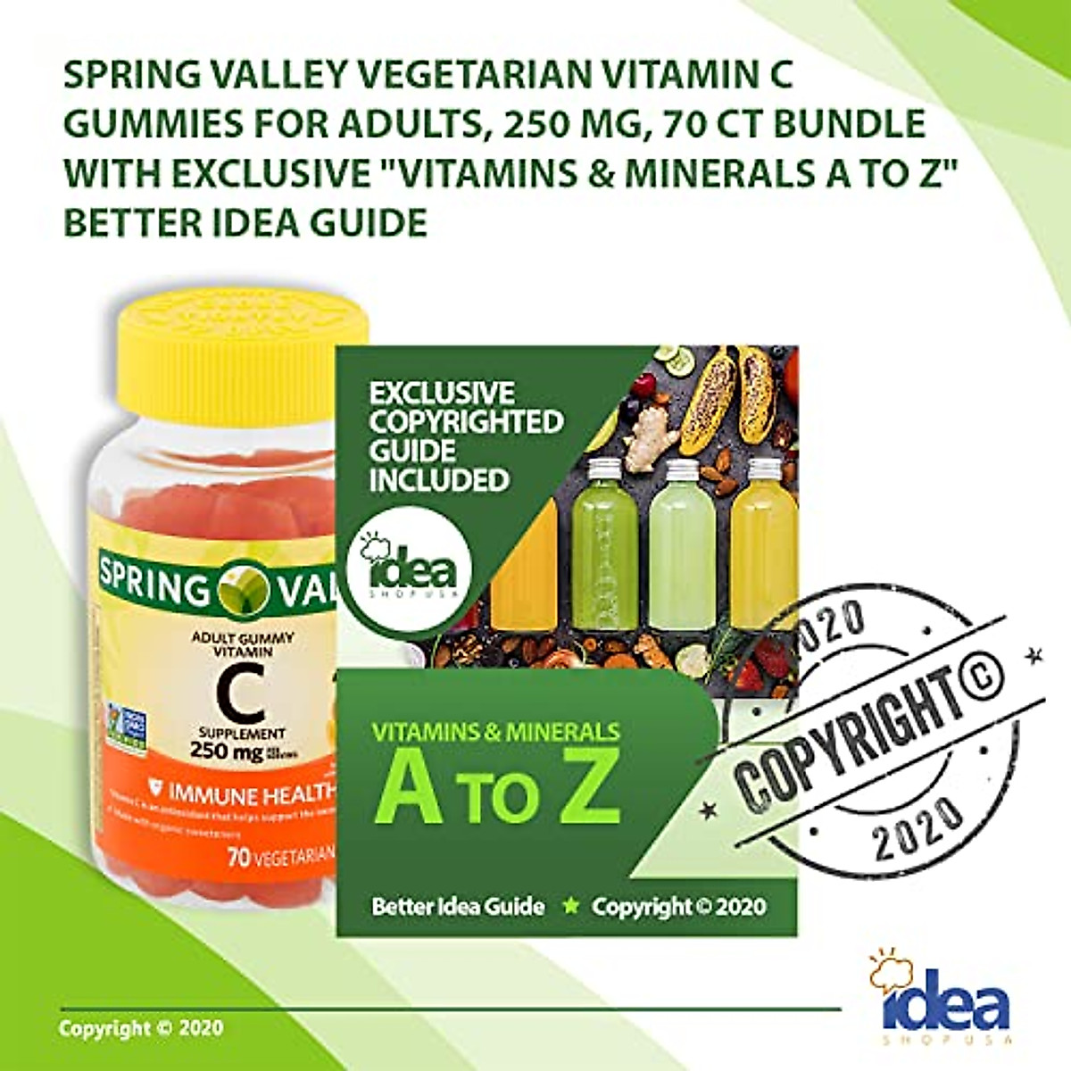 Spring Valley Vegetarian Vitamin C Gummies for Adults, 250 mg, 70 Ct + “Vitamins & Minerals - A to Z - Better Idea Guide©” (1 Pack 70 Count)