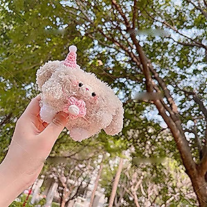 Cute Furry Cartoon Handmade Knit Pink Long-Eared Bunny Rabbit Animal Plush Case Compatible with Sony WF-1000XM3 Wireless Earbud Girlilsh Stuffed Doll Headphone Cover for Girls Women Easter Gifts