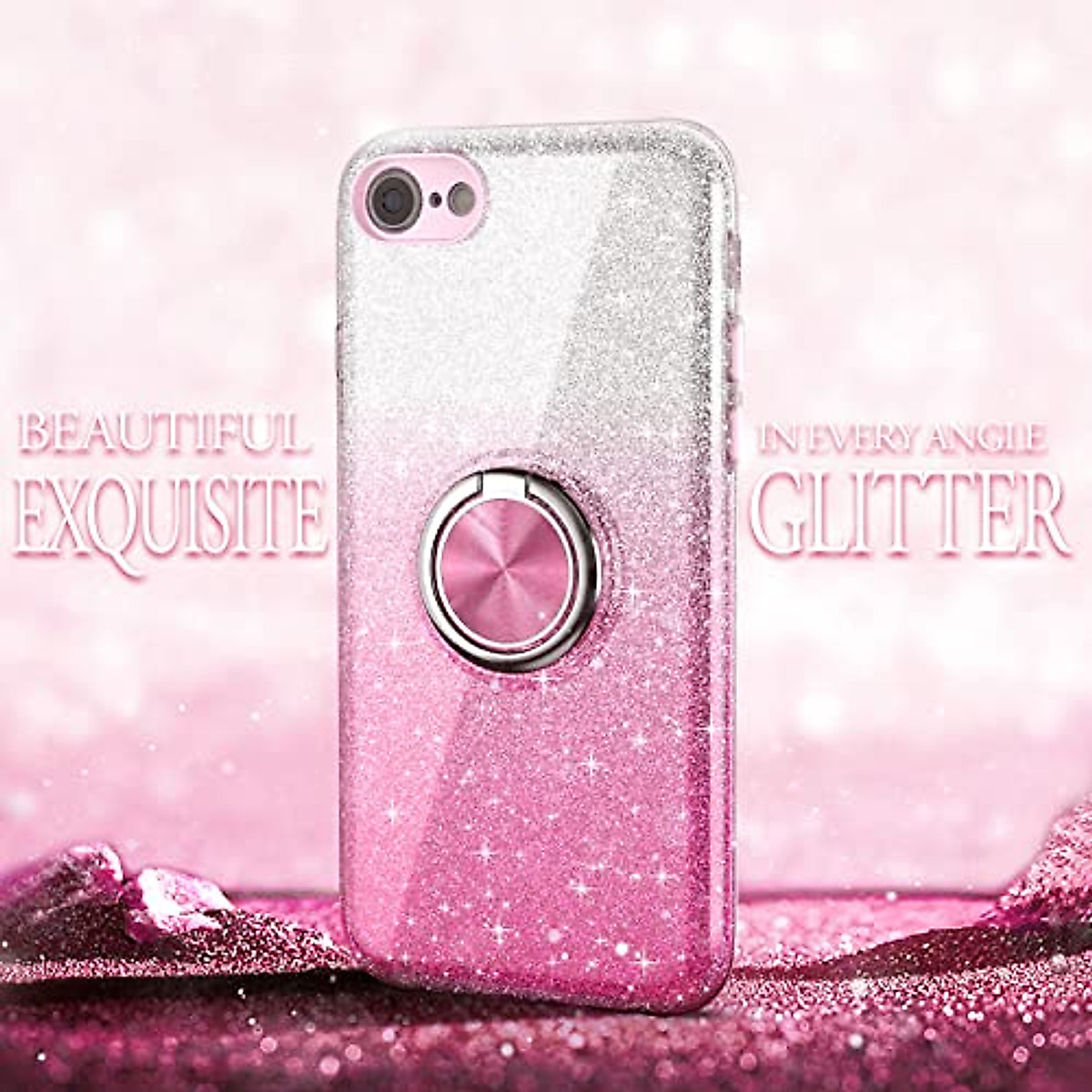 PeeTep iPhone SE 2020 Case,iPhone SE 3 Case Glitter for Girls,iPhone 8 Case,iPhone 7 Case,Slim Sparkly Case with 360°Ring Holder Kickstand Magnetic Car Mount Shock-Absorbent Durable Cover, Pink