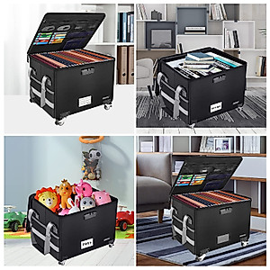 ENGPOW Fireproof Document Box with Wheels, Collapsible File Box with Lock, Rolling File Storage Organizer Filing Cabinet with Pockets, Portable Home Office Safe for Hanging Letter/Legal Folder