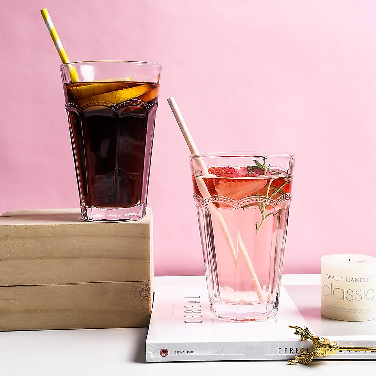 G Pearl Ridge Large Highball Drinking Glasses Set Of 6,13 oz Durable Stackable Iced Beverage For Soda, Juice, Milk, Coke, Beer Spirits Old Fashioned Glasses - Dinner Bar,Water Tumblers For Daily Use