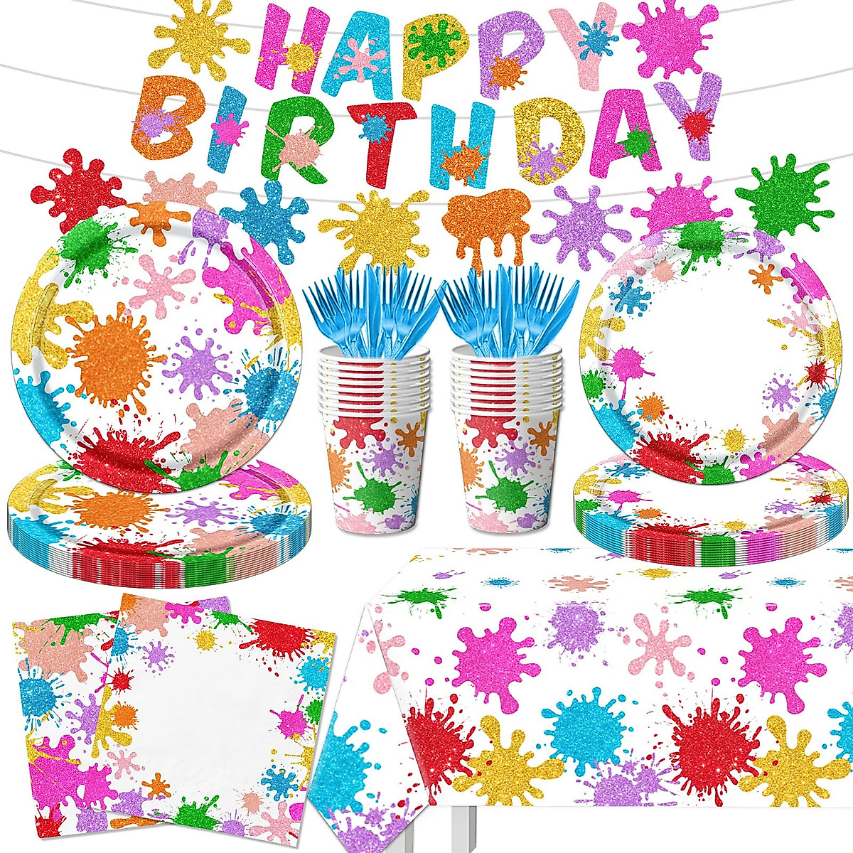 Paint Party Decorations 142Pcs Paint Splatter Party Supplies Tableware Set, Art Party Decorations Plates,Napkins,Cups,Tablecloth for Art Painting Party Supplies Birthday Baby Shower Decorations