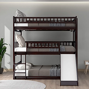Triple Bunk Bed with Slide, Full Over Full Over Full Bunk Bed Convertible Triple Beds for Kids/Teens/Adults, Espresso