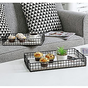 MyGift Black Metal Wire and Whitewashed Wood Decorative Tray with Handles, Nesting Storage Organizer Basket Trays, Set of 2