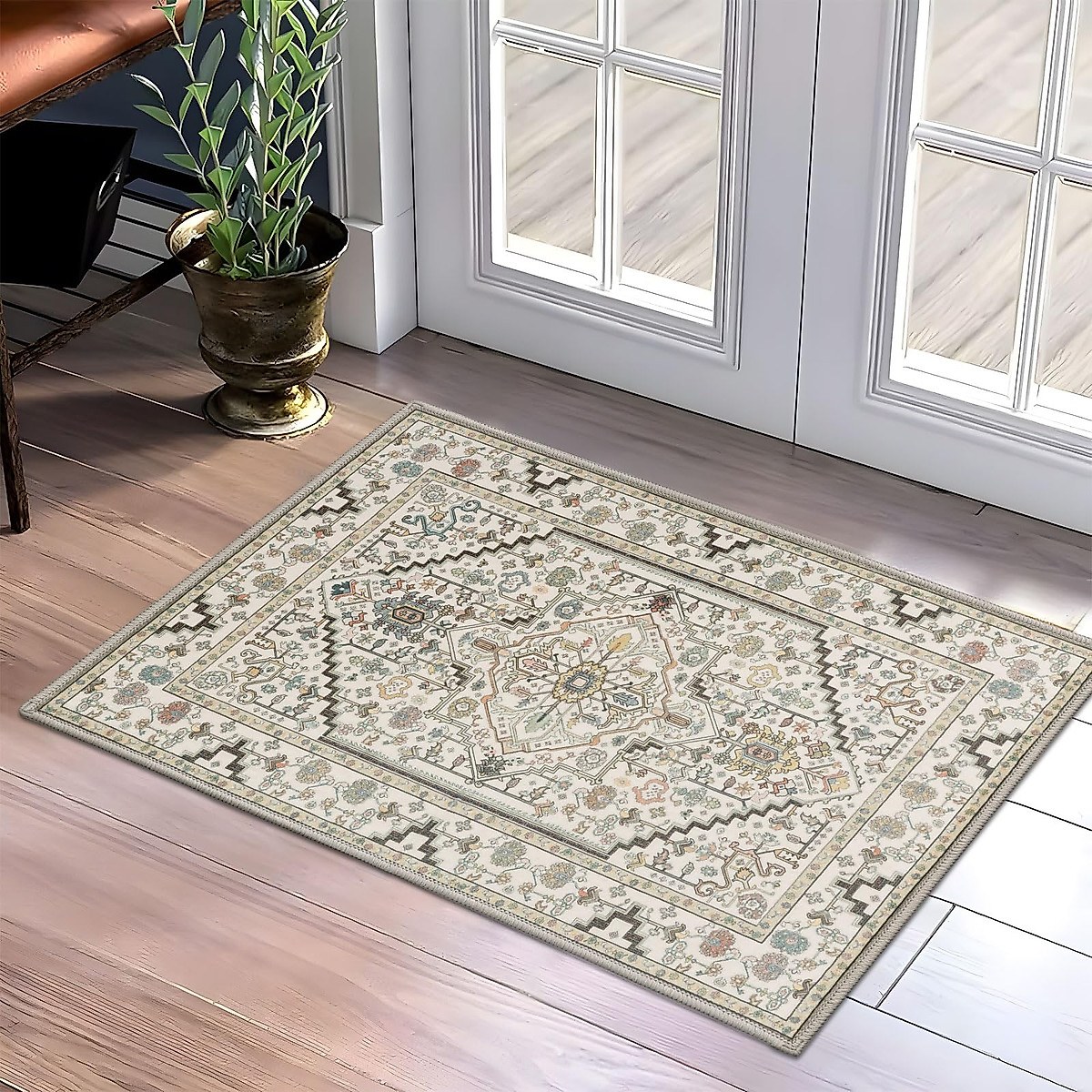 Rineflo-2'x3' Washable Indoor Doormat, Non-Slip Retro Door Mat ，Boho Mat Low-Pile Entryway Rug，Suitable for Bedroom, Study, Bathroom Entrance Carpet (Beige Green, 2'x3')