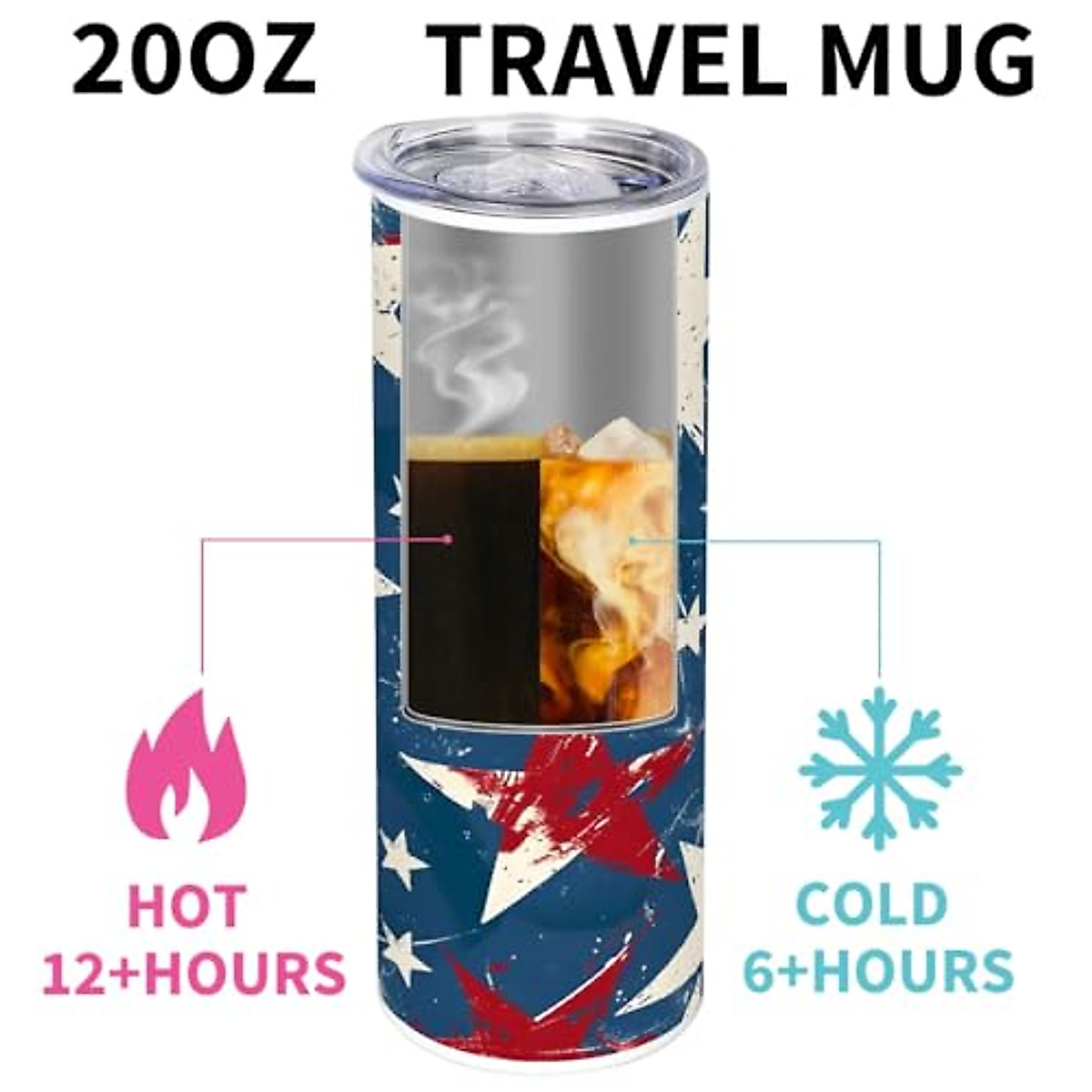 Honeybaby Patriotic Stars Coffee Tumbler 20 oz with Straw & Lid Leak Proof Tumbler Reusable Stainless Steel Tumblers Insulated Water Bottles Gifts for Women Men