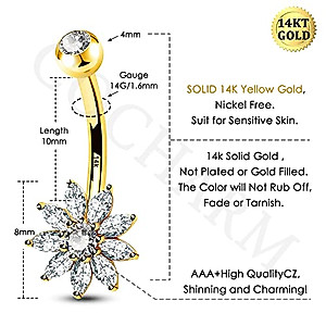 COCHARM 14K Solid Gold Belly Button Rings Gold 14K Real Gold Flower Belly Rings Yellow Gold Petal Navel Rings for Women 14K Gold Cute Belly Piercing Jewelry