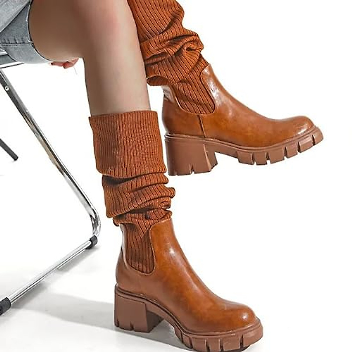 NEWBELLA Womens Over Knee Boots Thigh High Stretch Knitted Socks Chunky Block Heel Boots (Brown, Adult, Women, 7, Numeric, US Footwear Size System, Medium)