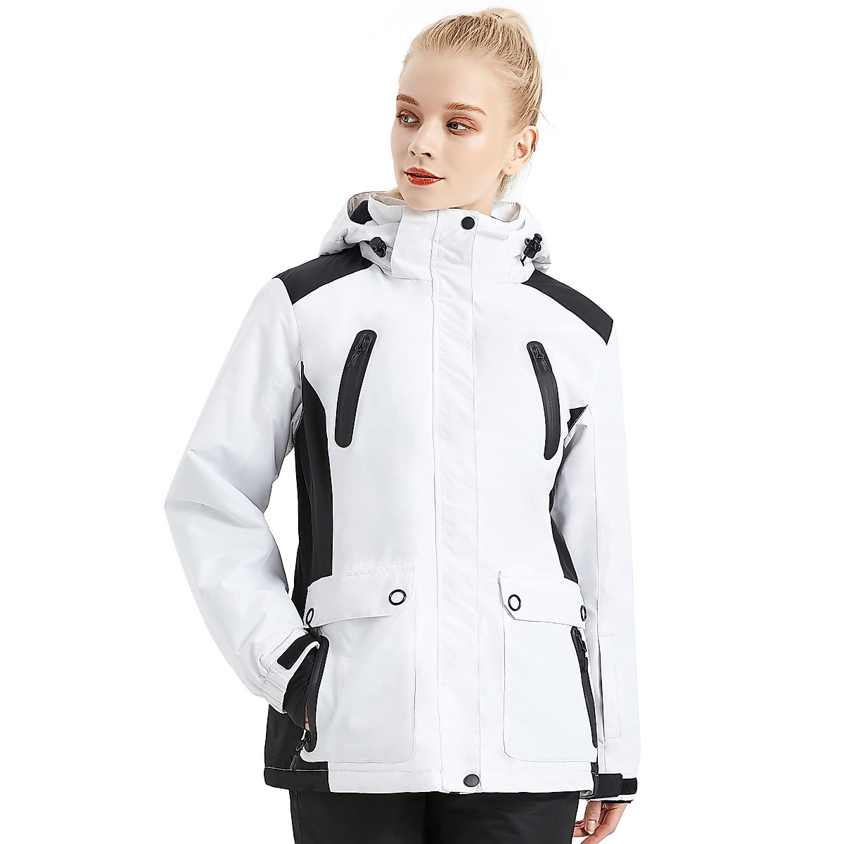 FREE SOLDIER Women's Waterproof Ski Jacket Fleece Lined Warm Winter Snow Coat with Hood Fully Taped Seams(White Black,L)