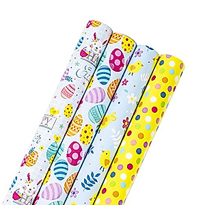 LeZakaa Easter Wrapping Paper Roll - 40 x 120 inches per Roll - Easter Bunny/Egg/Chicken/Dot Print for Gift Wrap, Craft - 4 Rolls
