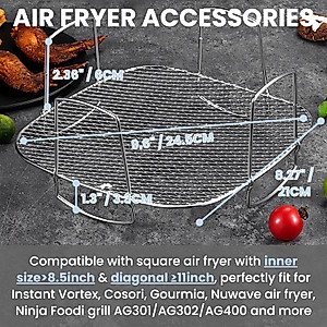 8 inch Square Air Fryer Rack with Food Tong & Oil Brush, Lancisism Stainless Steel Dehydrator Rack Square Air Fryer Accessories for Air Fryers-8.27×8.27×3.6inch