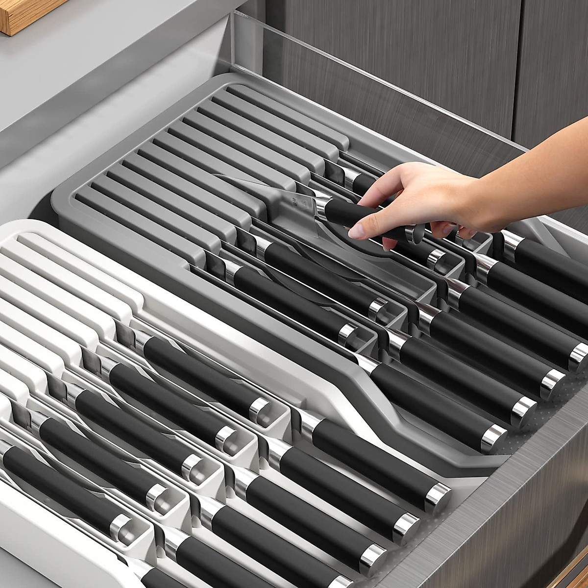 Mulikeer Knife Holder, In Drawer Knife Block Holder with Expandable Cutlery Tray Kitchen Drawer Organizer Insert-Holds 11 Knives for Save Space & Kitchen Safety (Drawer knife holder, Plastic)