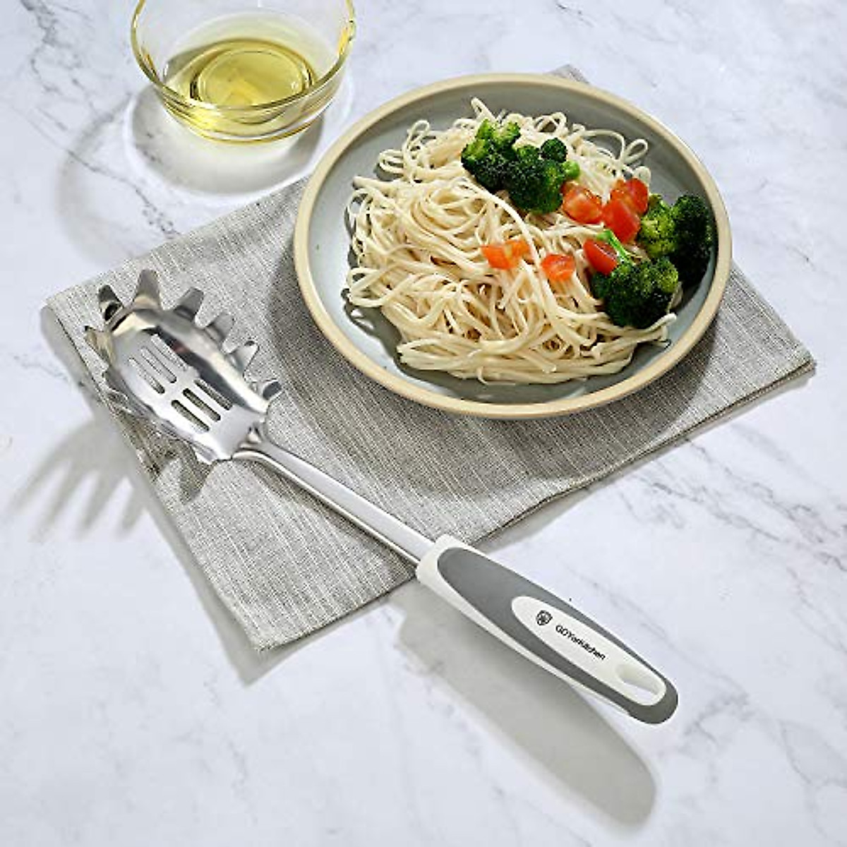 Premium Spaghetti Spoon Server Set - Stainless Steel Slotted Pasta Spoon and Fork with Comfortable Grip Design - Ideal for Serving and Straining Spaghetti, Noodles, and More - Set of 2 With Bonus Gift
