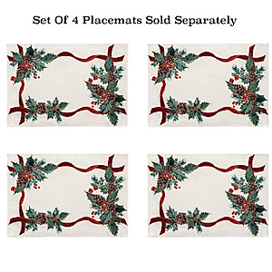 Lintex Evergreen Garland Double Ribbon Bordered Cottage Christmas Tablecloth, Holly and Pine Cone Country Xmas Holiday Easy Care Fabric Tablecloth, 52 Inch x 52 Inch Square