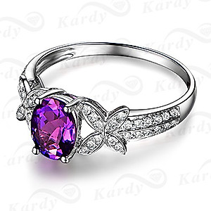 Women's Natural Fashion Purple Amethyst Gemstone Engagement Wedding White Gold 14K Diamond Bands Ring Set