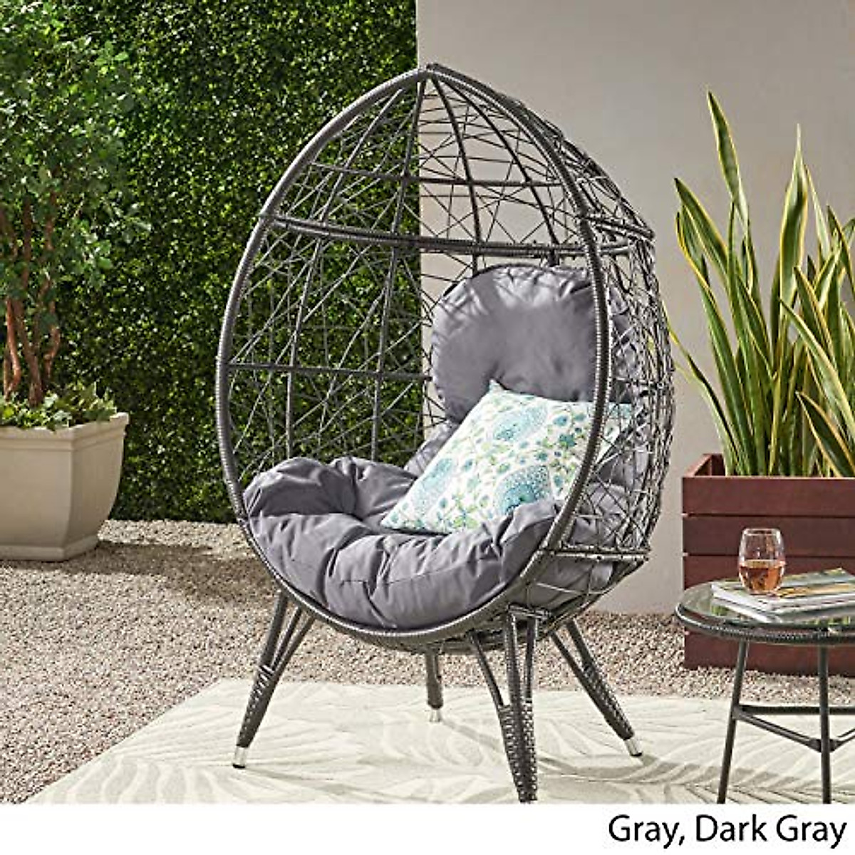 Great Deal Furniture Lillian Outdoor Wicker Teardrop Chair with Cushion, Gray and Dark Gray