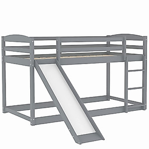 Low Bunk Beds Twin Over Twin Bunk Bed with Slide Wood Bed Frame for 2 Kids Boys Girls Teens, White