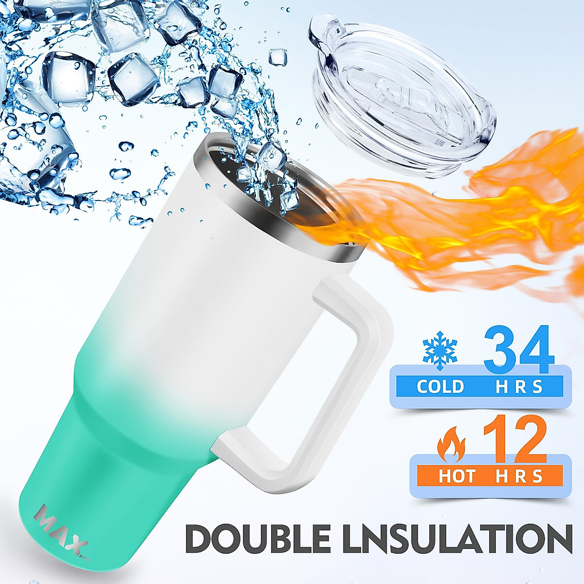 MaxBase 40 oz Tumbler with Handle and Straw Lid, Insulated Reusable Stainless Steel Travel Mug Keeps Drinks Cold up to 34 Hours, 100% Leakproof Bottle for Water, Iced Tea or Coffee, Smoothie and More