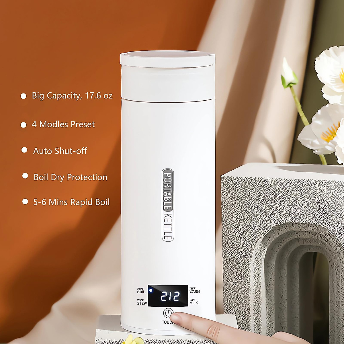 Portable Travel Electric Kettle, 500ml/17.6oz Small Mini Electric Kettle Tea Coffee Hot Water Boiler, 4 Temperature Controls, Auto Shut Off & Boil Dry Protection with BPA Free 304 Stainless Steel