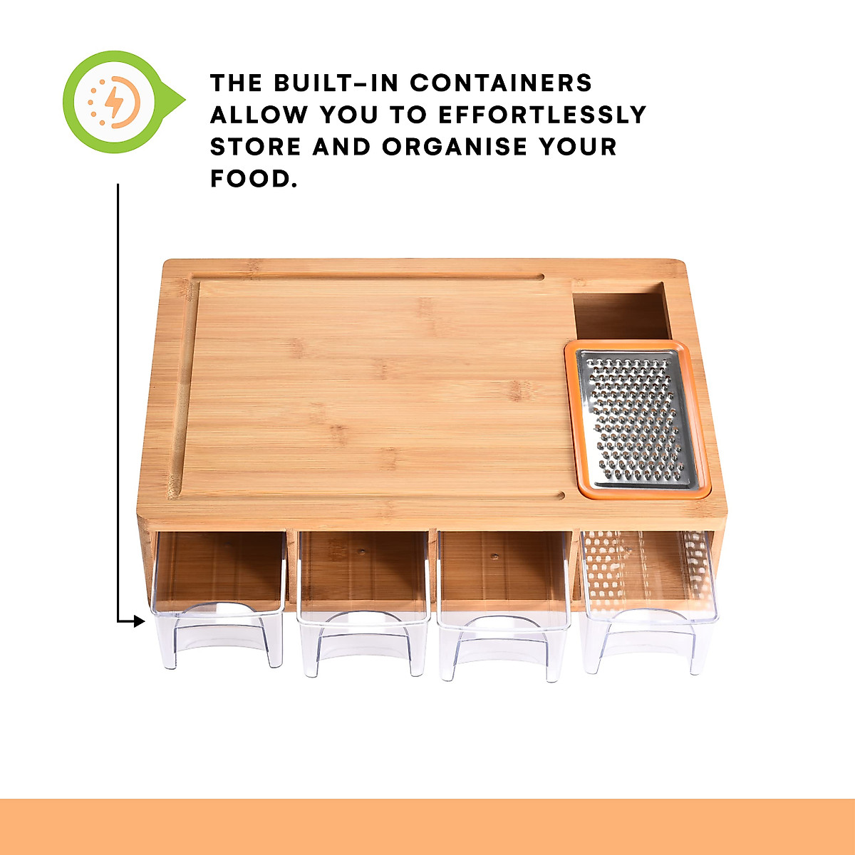 Prosumers Choice Bamboo Cutting Board - Wooden Like Chopping Board with Food Container Organizer, Cheese Shredder, & Juice Groove - for Veggie, Cheese, & Meat - Kitchen Fit Size of 15 x 10 x 3 inches