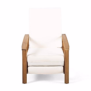 Mary Outdoor Acacia Wood Push Back Recliner with Cushion, Sandblast Teak and Cream