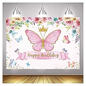 XLL Happy Birthday Theme Photography Backdrops Butterfly Pink Rose Flower Crown Photo for Fairy Princess Girl Birthday Party Decoration Banner Studio Cake Table Floral Background 5x3ft